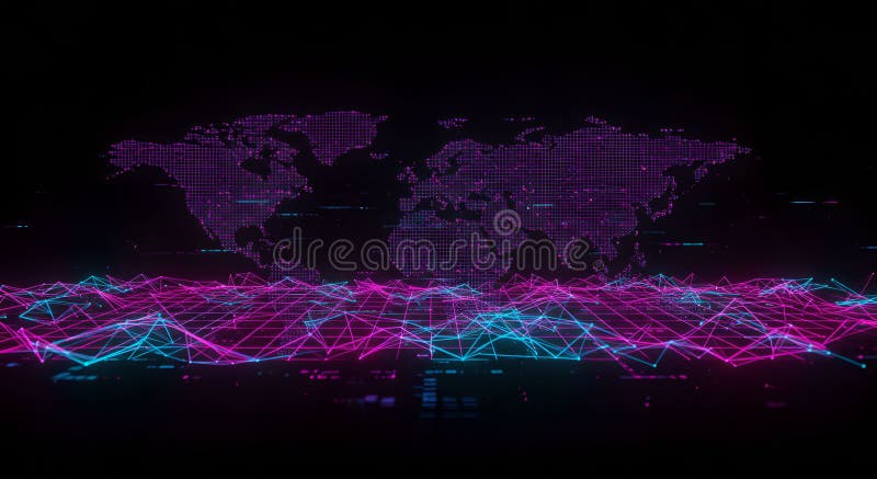 Global Network Grid: Pink World Map with Abstract Blue and Pink Mesh ...