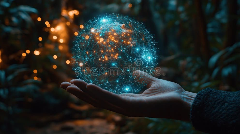 Global Network Held in Hand, Jungle Backdrop, Digital Future Concept ...