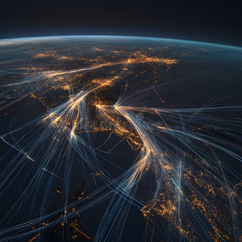 Global Network Illuminated Earth at Night from Space Stock Illustration ...