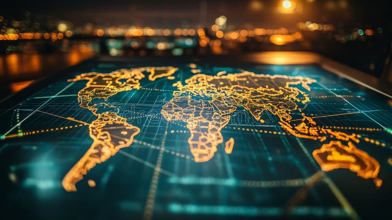 Global Network - Illuminated World Map on a Digital Interface - Close ...