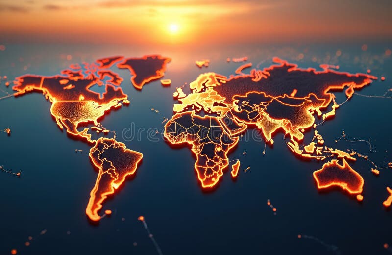 Global Network Illuminated World Map at Sunset. Connection Lines ...