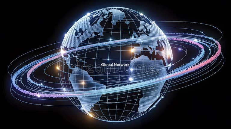 Global Network Illustration Depicts Connection through a Wireframe World and Orbiting Data ...