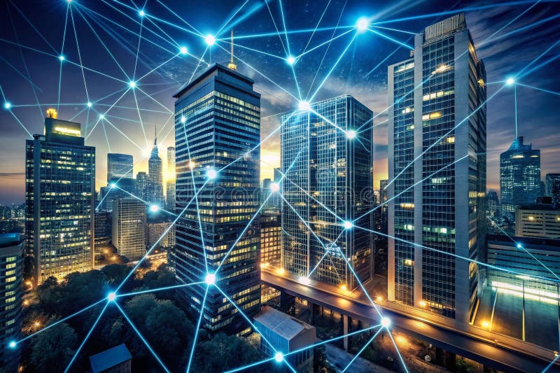 Global Network Integration a Night Cityscape of Seamless Data Flow and ...