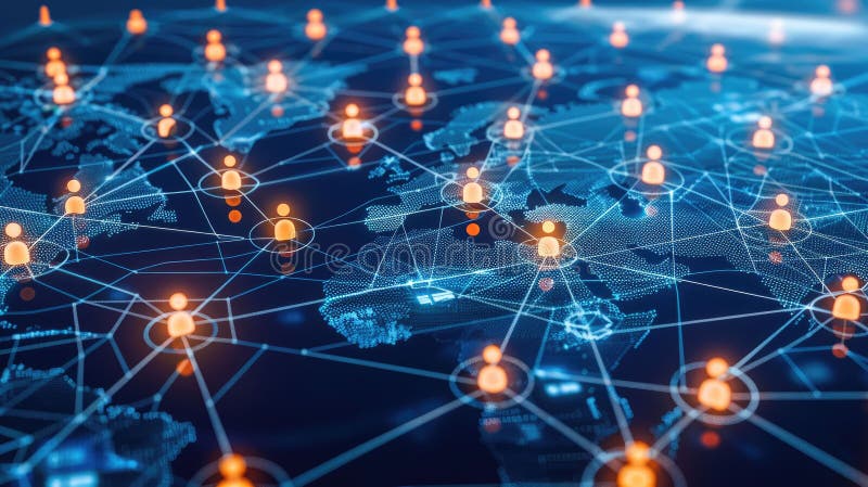 Global Network of Interconnected Orange Figures on a Blue Map Stock ...