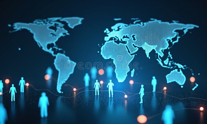 Global Network Interconnected People Silhouettes Glowing Nodes Blue ...
