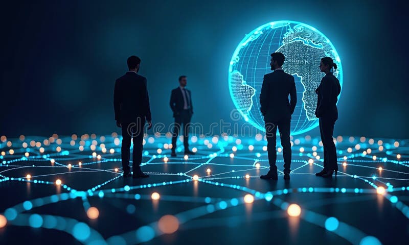 Global Network Interconnected People Silhouettes Glowing Nodes Blue ...