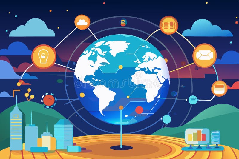 Global Network with Interconnected World, Glowing Data Points and ...