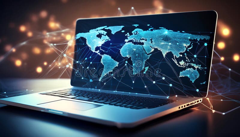 Global Network, Laptop, Interconnected Data Points, World Map Overlay ...