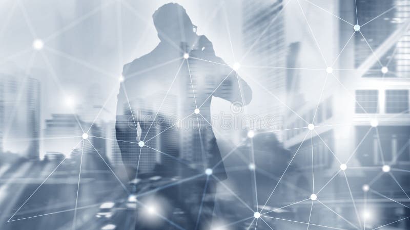 Global Network Link Connection. Silhouettes People on Modern City ...