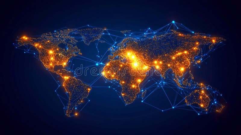 Global Network Map with Connected Cities and Continents Stock ...