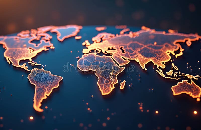 World Map with Glowing Data Centers and Sun Flare Stock Illustration ...