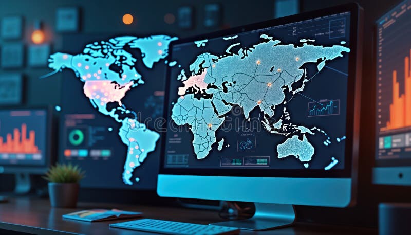 Global Network Map Displayed on Computer Screen. Visual Representation ...