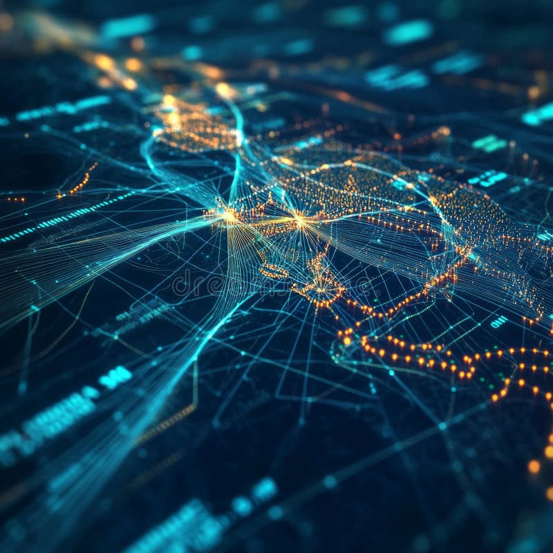 Digital World Map Glowing Data Points Network Connections Blue Orange ...
