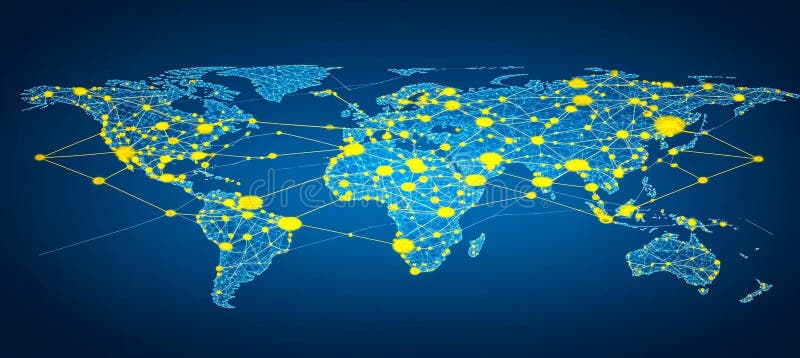 Global Network Map with Interconnected Nodes, Lines, Glowing Lights ...