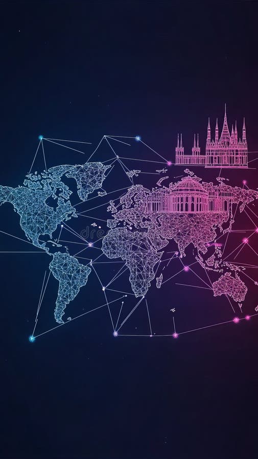 Global Network Map with Landmark Features and Digital Connections Stock ...