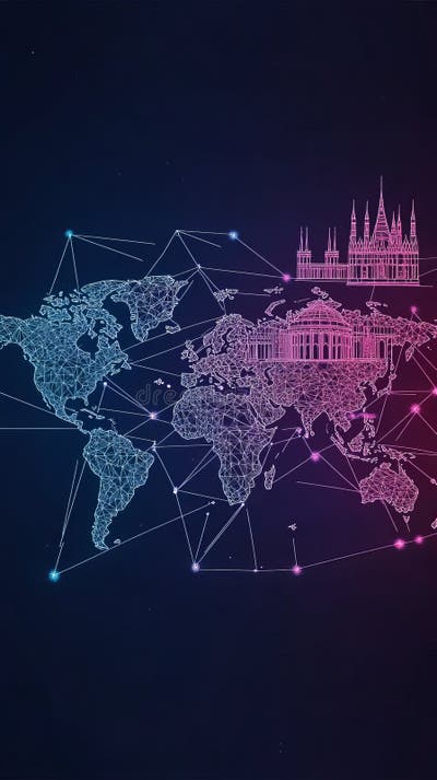 Global Network Map with Landmark Features and Digital Connections Stock ...