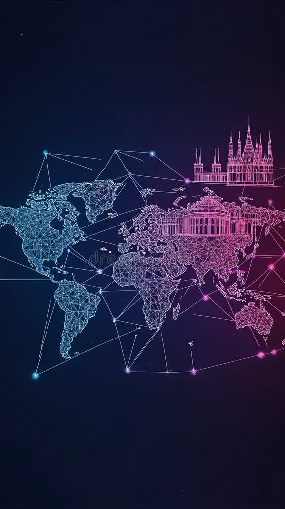 Global Network Map with Landmark Features and Digital Connections Stock ...