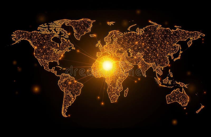 Global Network Map Visualization on Glowing Display. World Map with ...