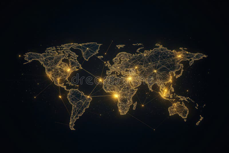 Global Network Map Visualization. World Map with Glowing Lines, Points ...
