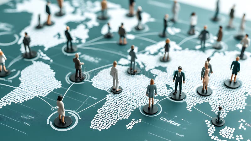 Global Network Miniature People on World Map Stock Illustration ...