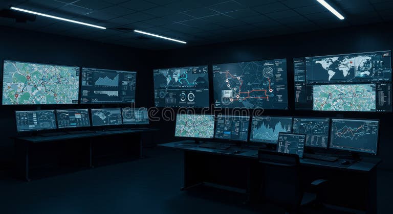 Global Network Monitoring Center a Dark Room Filled with Numerous Computer Screens Displaying ...