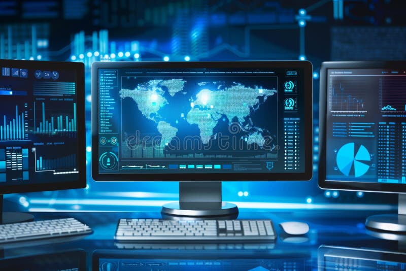 Global Network Monitoring System Displays Data Analytics Charts and Graphs on Multiple Computer ...