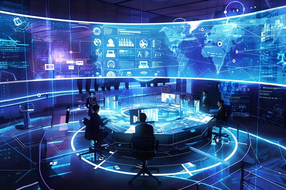 Global Network Monitoring Team Analyzes Data Streams on Futuristic Interactive Displays ...