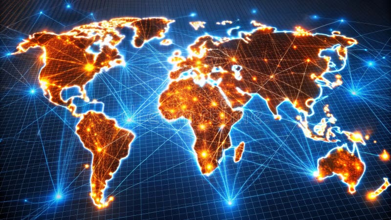 Global Network Orange and Blue Illuminated World Map with ...