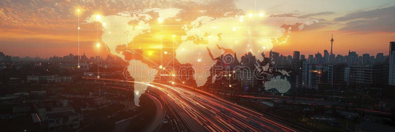 Global Network Overlay on Vibrant Cityscape at Dusk Stock Illustration ...