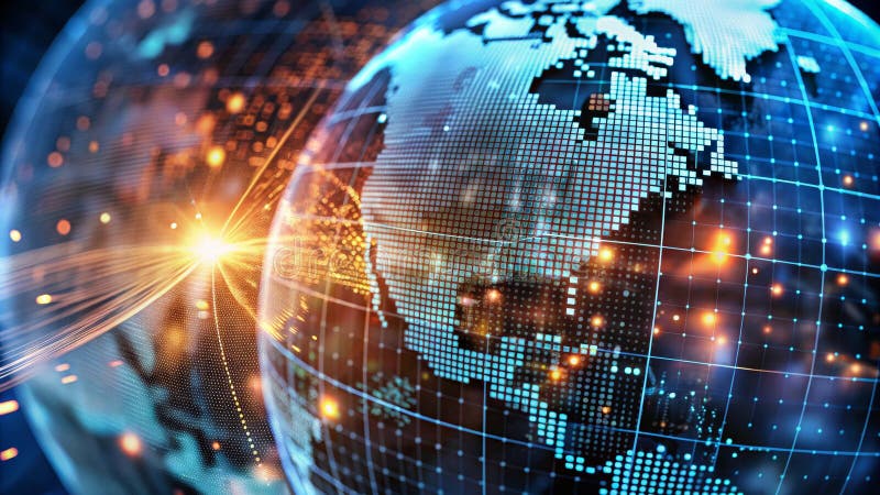 Global Network Pixelated Earth, Dynamic Light Streams Stock ...