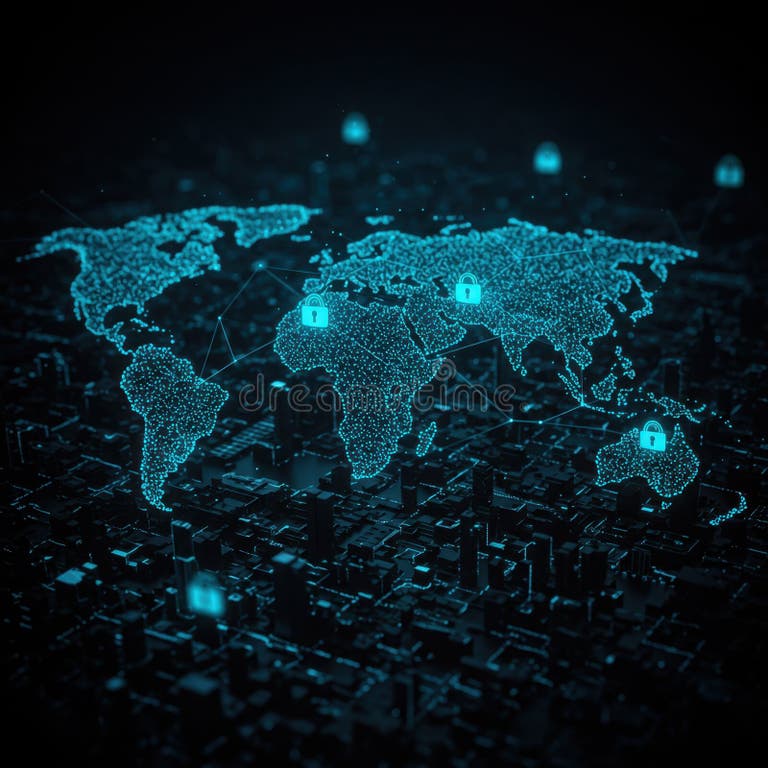 Global Network Security: Abstract Digital World Map Stock Illustration ...