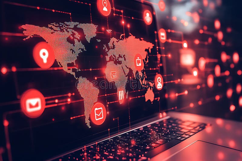 Global Network Security Red Illuminated World Map on Laptop Screen ...