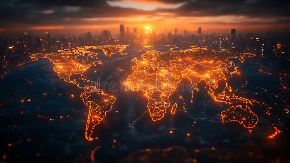 Global Network Sunset City Map Stock Illustration - Illustration of ...