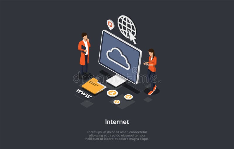 Global Network Technology Concept. Male and Female Characters Using ...