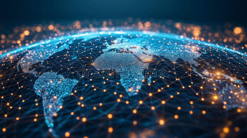 Global Network Visualization Blue Orange Lights Stock Illustration ...