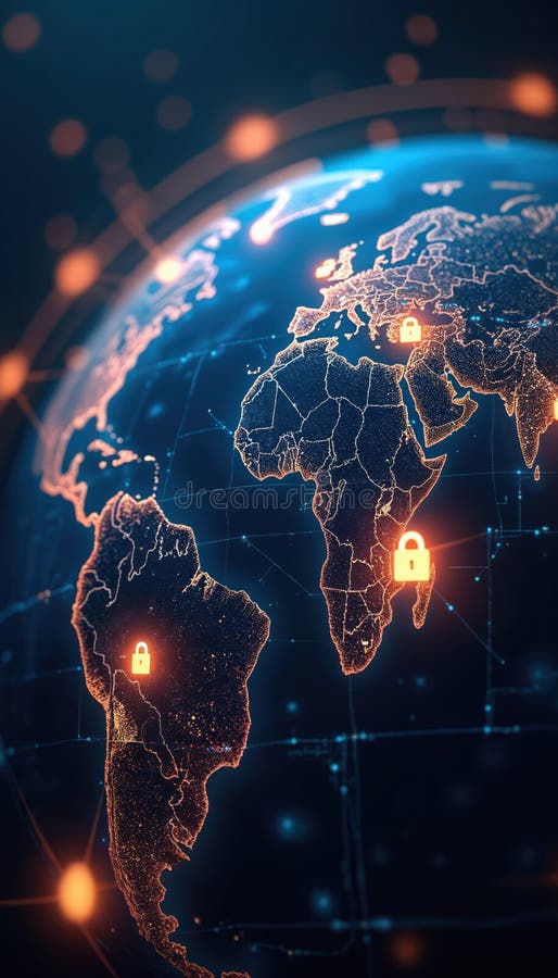 Global Network Visualization with Glowing Continents, Interconnected Data Points Over Europe ...