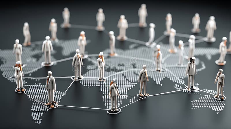 Global Network Visualization Miniature Figures Connected on a World Map ...