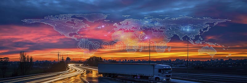 Global Network Visualization Over Driving Truck Stock Illustration ...