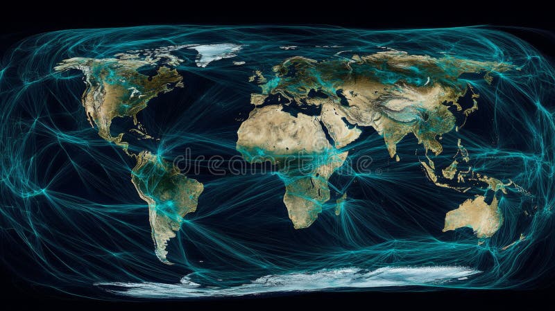 Global Network Visualization: Teal Lines on Dark World Map Stock ...