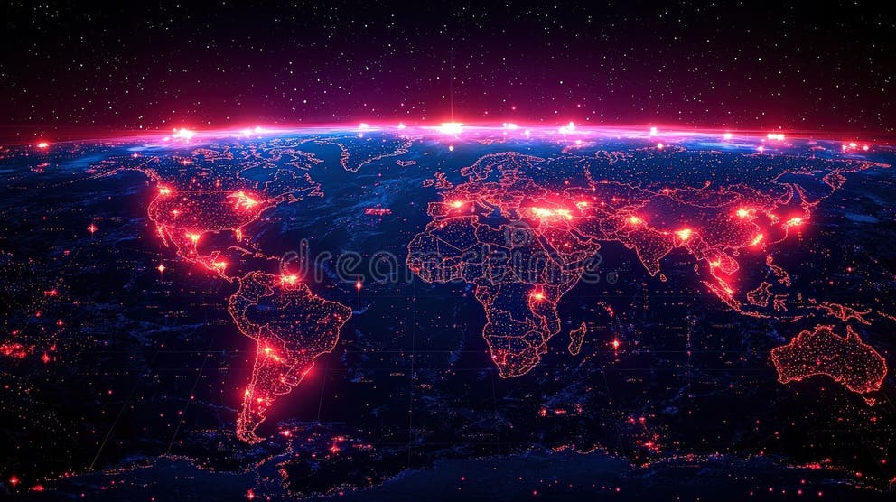 Global Network Visualized with Bright Red Light Nodes on Earth from ...