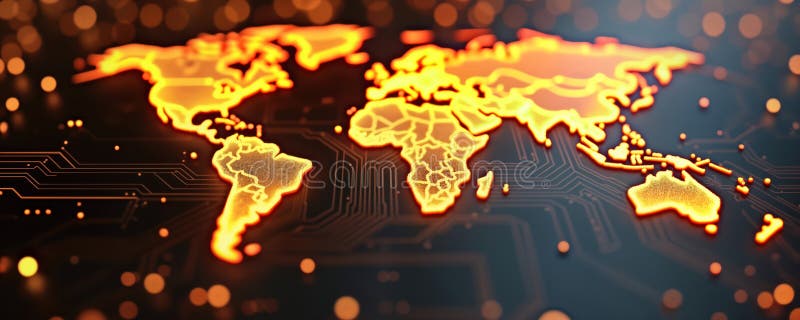 Global Network Visualized on Circuit Board. World Map Glows with Orange ...