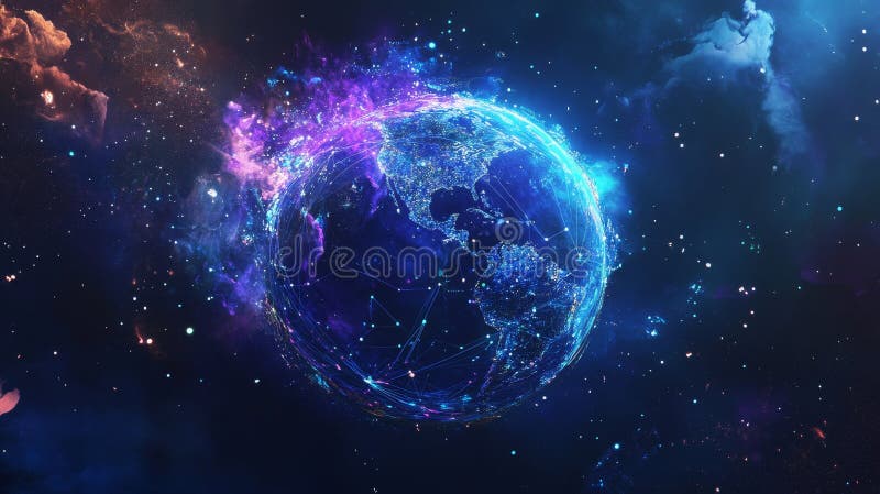 Global Network Watercolor Glowing Earth Artwork Depicting a Glowing ...
