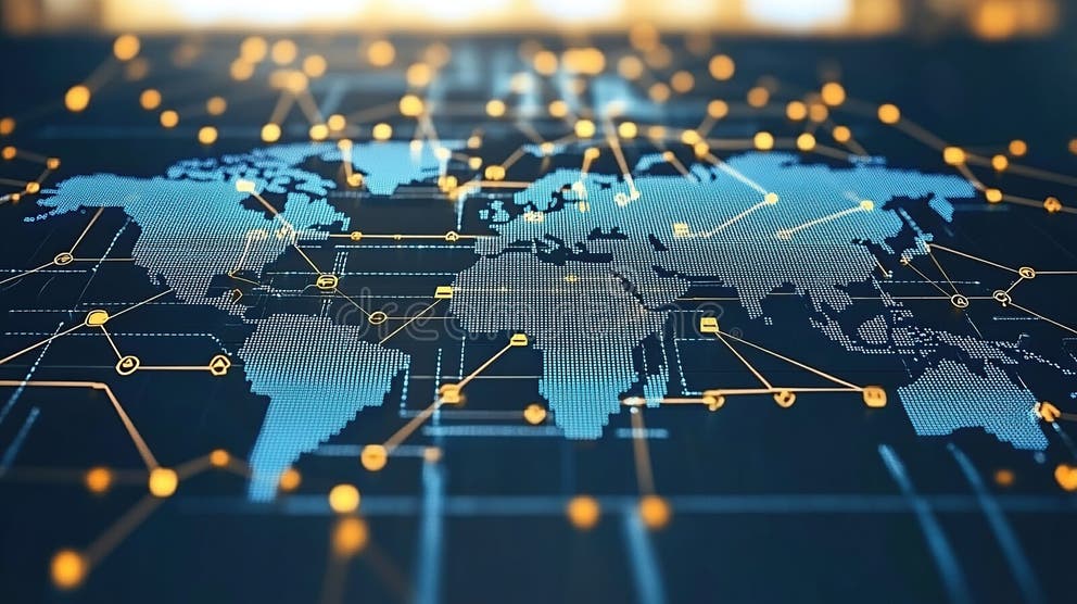 Global Network, World Map, Connected, Digital Interface, Blurred City ...