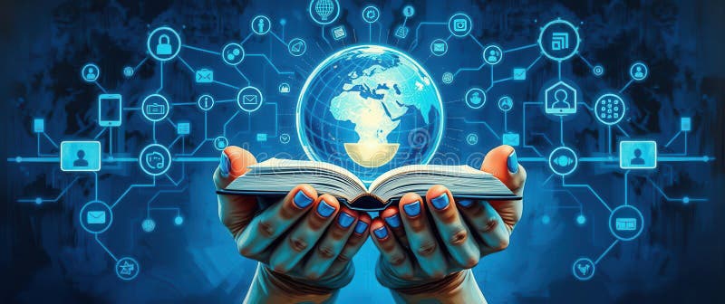 Global Networking and Knowledge: Hands Holding Open Book with a Digital ...