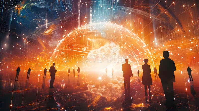 Global Networking, Silhouetted Figures in a Connected World of Digital ...