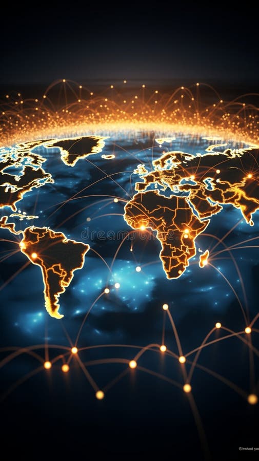 Global Networking Symbolized by a Glowing World Map, 3D Rendering Stock ...