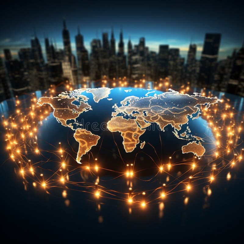 Global Networking Symbolized by a Glowing World Map, 3D Rendering Stock ...