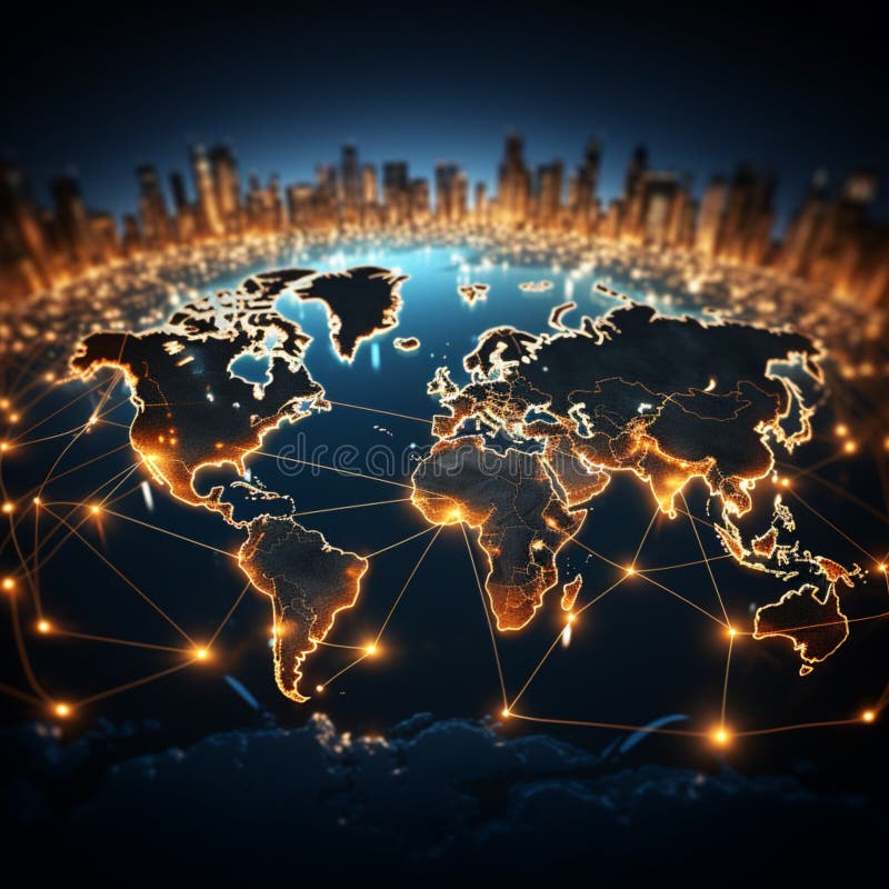 Global Networking Symbolized by a Glowing World Map, 3D Rendering Stock ...