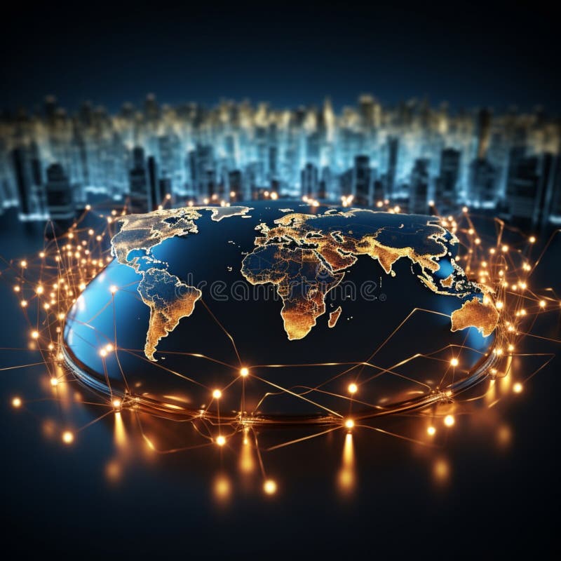 Global Networking Symbolized by a Glowing World Map, 3D Rendering Stock ...