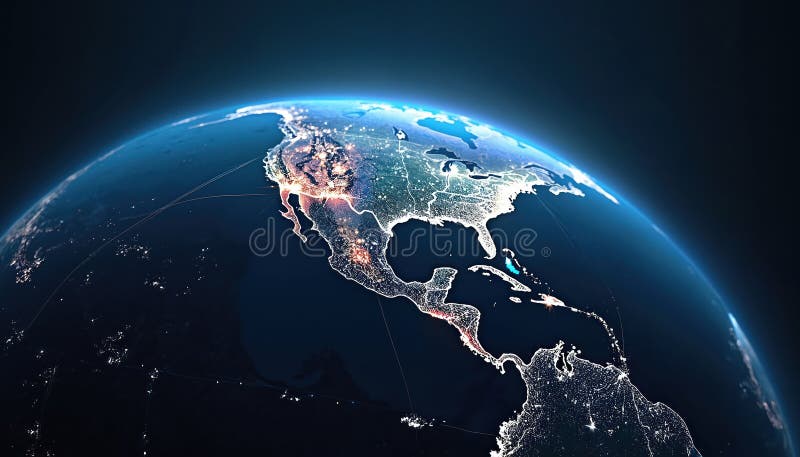 Global Nighttime View of Earth. Network of Glowing Lines Connect ...